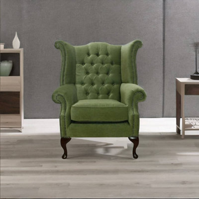 Chesterfield High Back Wing Chair Pimlico Sage Green Fabric In Queen ...
