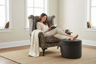Chesterfield High Back Wing Chair Sand Leopard Animal Print Real Fabric ...