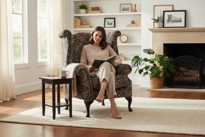 Chesterfield High Back Wing Chair Sand Leopard Animal Print Real Fabric ...