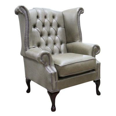 Chesterfield High Back Wing Chair Selvaggio Sage Green Leather In Queen ...