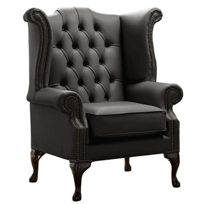 Chesterfield High Back Wing Chair Shelly Black Leather Bespoke In Queen ...