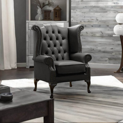 Chesterfield High Back Wing Chair Shelly Black Leather Bespoke In Queen ...
