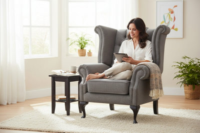 Chesterfield High Back Wing Chair Verity Plain Steel Fabric In Queen ...