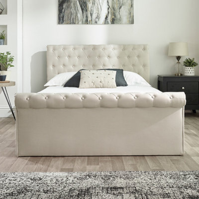 Chesterfield Ottoman Storage Bed in Natural Linen, size Double