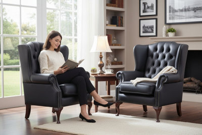 Chesterfield Pair High Back Wing Chair Shelly Black Leather Bespoke In ...