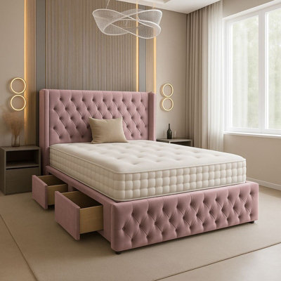 Chesterfield Plush Velvet Divan Bed, Winged Headboard, Mattress ...
