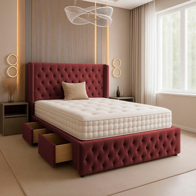 Chesterfield Plush Velvet Divan Bed, Winged Headboard, Mattress ...