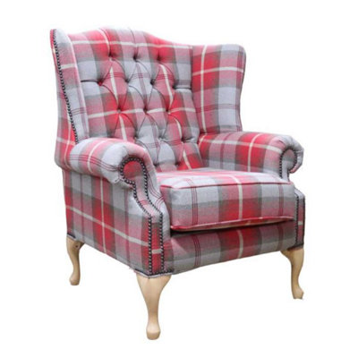 Chesterfield Queen Anne Wing Chair Balmoral Cherry Checked Fabric P&S ...