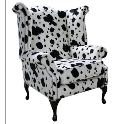 Chesterfield Saxon High Back Wing Chair Black Cow Animal Print Fabric ...