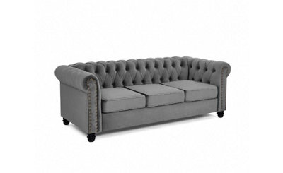 Chesterfield Stud Velvet Fabric 3 Seater Sofa, Grey