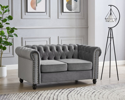 Chesterfield Velvet Fabric 2 Seater Sofa Grey