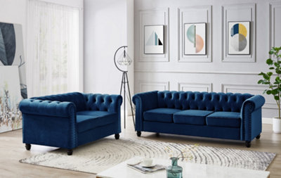Chesterfield Velvet Fabric 3 Seater Sofa Blue
