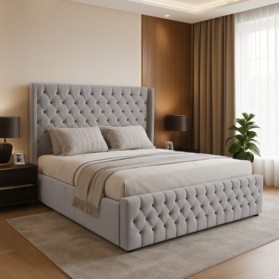 Chesterfield Winged Plush Velvet Sleigh Bed, with Ortho Mattress ...