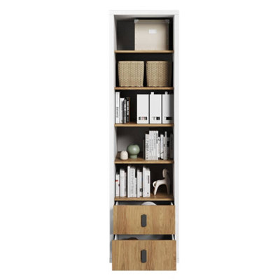 Chic Massi Bookcase in Natural Hickory & Alpine White - 550mm x 2000mm x 550mm with Drawers ...