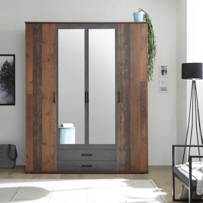 Chicago 4-Door Mirrored Wardrobe 159cm Old Style Dark & Grey Oxide ...