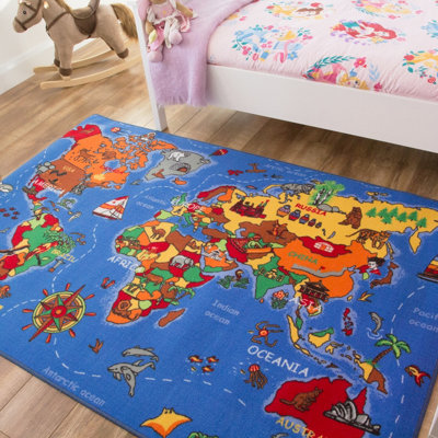 Children's Educational Blue World Map Play Mat Bedroom Rug 133x200cm ...