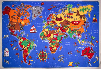 Children's Educational Blue World Map Play Mat Bedroom Rug 95x200cm