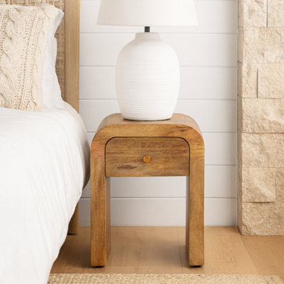 Chioggia Mango Wood Bedside Table - Curved Edges, Brass Knob, Oak Finish
