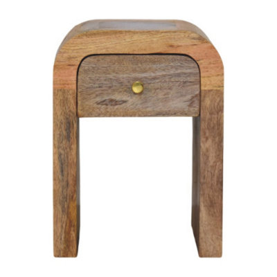 Chioggia Mango Wood Bedside Table - Curved Edges, Brass Knob, Oak Finish
