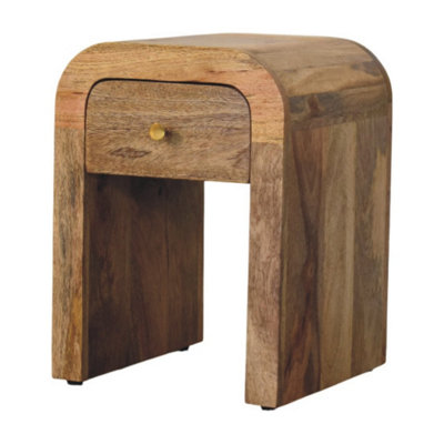 Chioggia Mango Wood Bedside Table - Curved Edges, Brass Knob, Oak Finish
