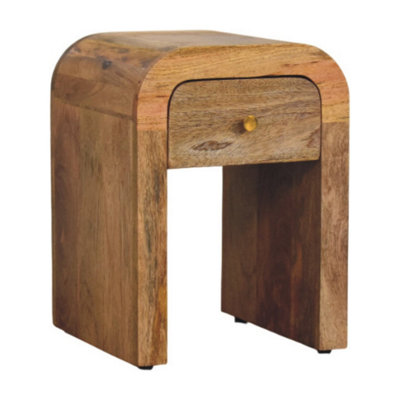 Chioggia Mango Wood Bedside Table - Curved Edges, Brass Knob, Oak Finish