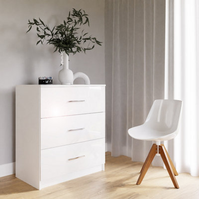 Chiswick Gloss White 3 Drawer Modern Chest of Drawers and Bedside Table ...