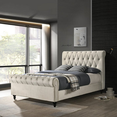 Chloe Double Bed - Cream - Velvet Upholstery Diamond Detailing Sleigh ...