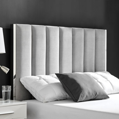 Chloe Light Grey Velvet King Size 5FT Fabric With Silver Chrome Trim And Ottoman Storage Gas
