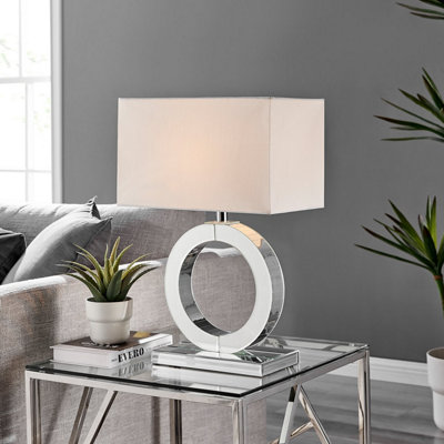 CHLOE Mirrored Halo Shaped Table Lamp Light and Chic White Fabric Shade ...