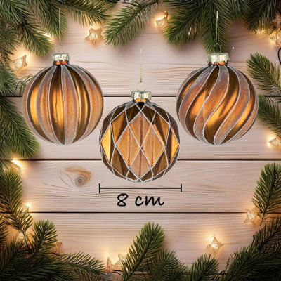 Christmas 8cm Red and Amber Glass Baubles Set - 12pcs Ornaments with 6 ...