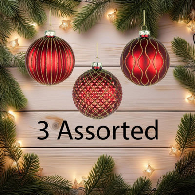 Christmas 8cm Red Glass Baubles Set - 12pcs Ornaments with 3 Assorted ...