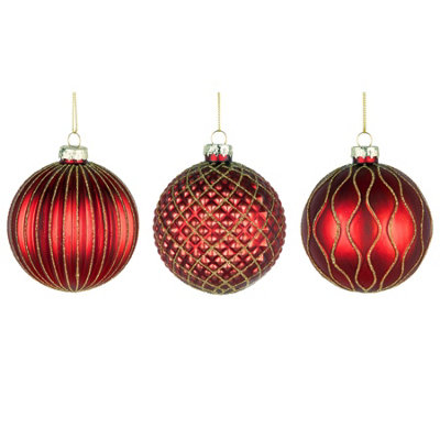 Christmas 8cm Red Glass Baubles Set - 12pcs Ornaments with 3 Assorted ...