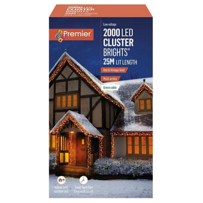 Christmas Cluster Lights 2000 LED Red & Vintage Gold Multi Action 25M