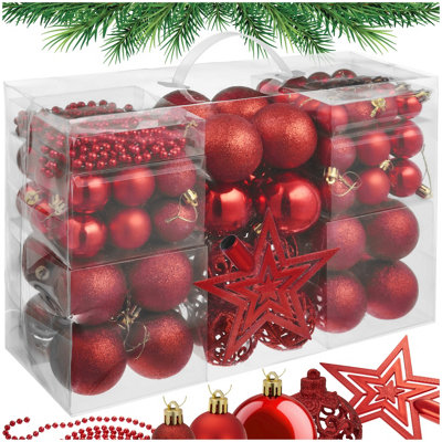 Christmas Decoration Set in Red - 84 baubles, string of beads & star ...