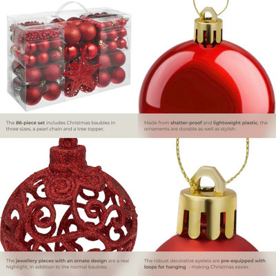 Christmas Decorations - 84 red baubles, string of beads, star tree ...
