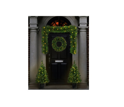 Christmas Door Porch Decoration Set Pre Lit Pine Wreath Garland & Trees ...