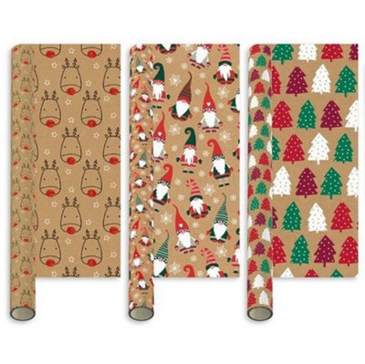 Christmas Gift Wrapping Paper 3 x 2M Rolls Kraft Gonk Tree Reindeer ...