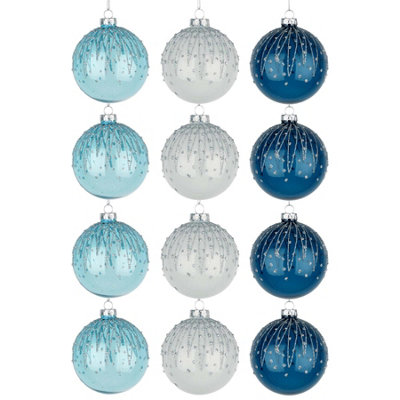 Christmas Glass Baubles 12pcs Set - 8cm Blue & White Ornaments with 3 ...