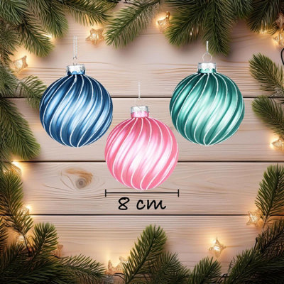 Christmas Glass Baubles 12pcs Set - 8cm Green, Pink & Blue with 12 ...
