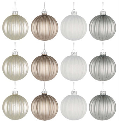 Christmas Glass Baubles 12pcs Set - 8cm Pearl Champagne, White & Silver ...