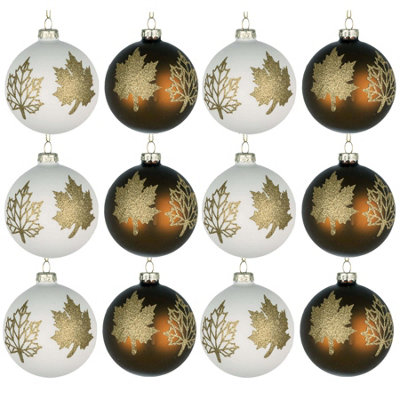 Christmas Glass Baubles 12pcs Set - 8cm Red Maple Leaves Design for ...