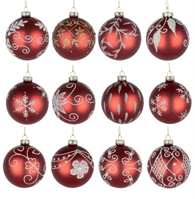 Christmas Glass Baubles 12pcs Set - 8cm Red Ornaments with 12 Unique ...
