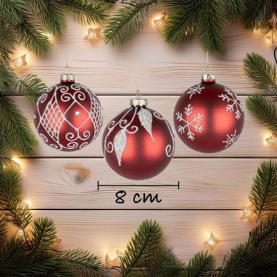 Christmas Glass Baubles 12pcs Set - 8cm Red Ornaments with 12 Unique ...