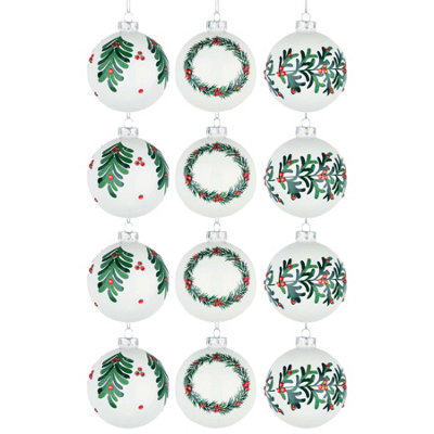 Christmas Glass Baubles 12pcs Set - 8cm White Ornaments with 3 Elegant ...