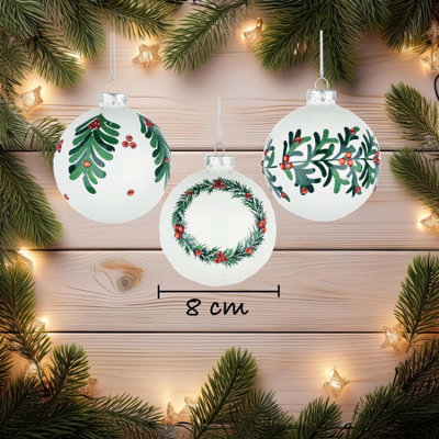 Christmas Glass Baubles 12pcs Set - 8cm White Ornaments with 3 Elegant ...