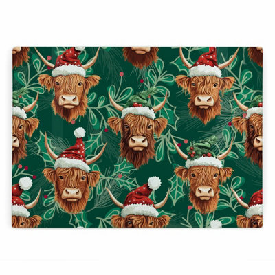 Christmas Highland Cows Rectangular Glass Worktop Protector - Festive ...