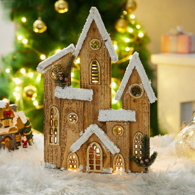 Christmas Luminescent Wooden House Snowy Cabin Tabletop Decor
