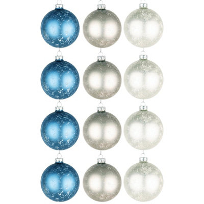 Christmas Marble Glass Baubles 12pcs Set - 8cm with 3 Unique Assorted ...