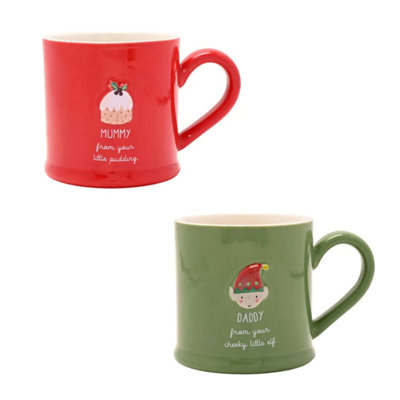 Christmas Mug Set Mummy Daddy Ceramic 300ml Embossed Elf and Pudding ...