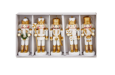Christmas Nutcracker Tree Decorations Pack of 5 White & Gold Nutcrackers